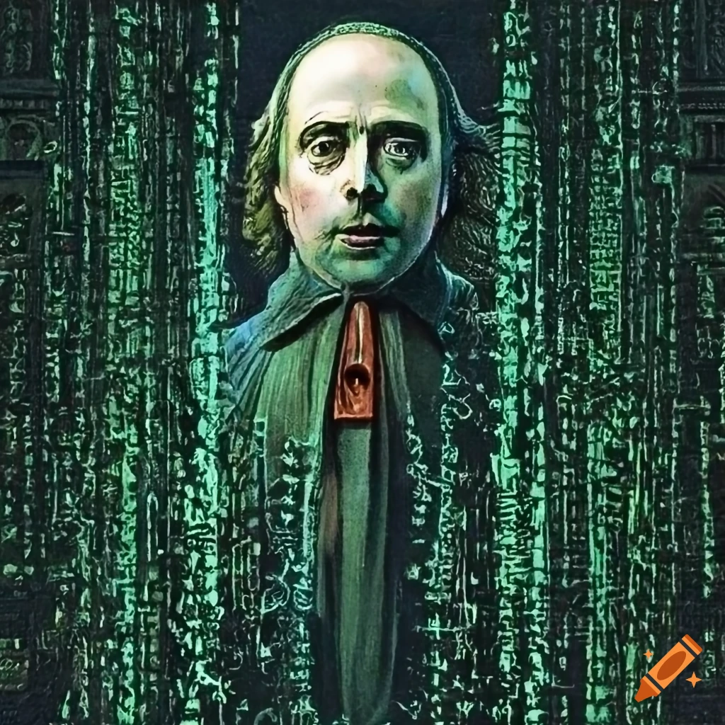 William shakespeare pondering 'to be or not to be' with a matrix theme ...