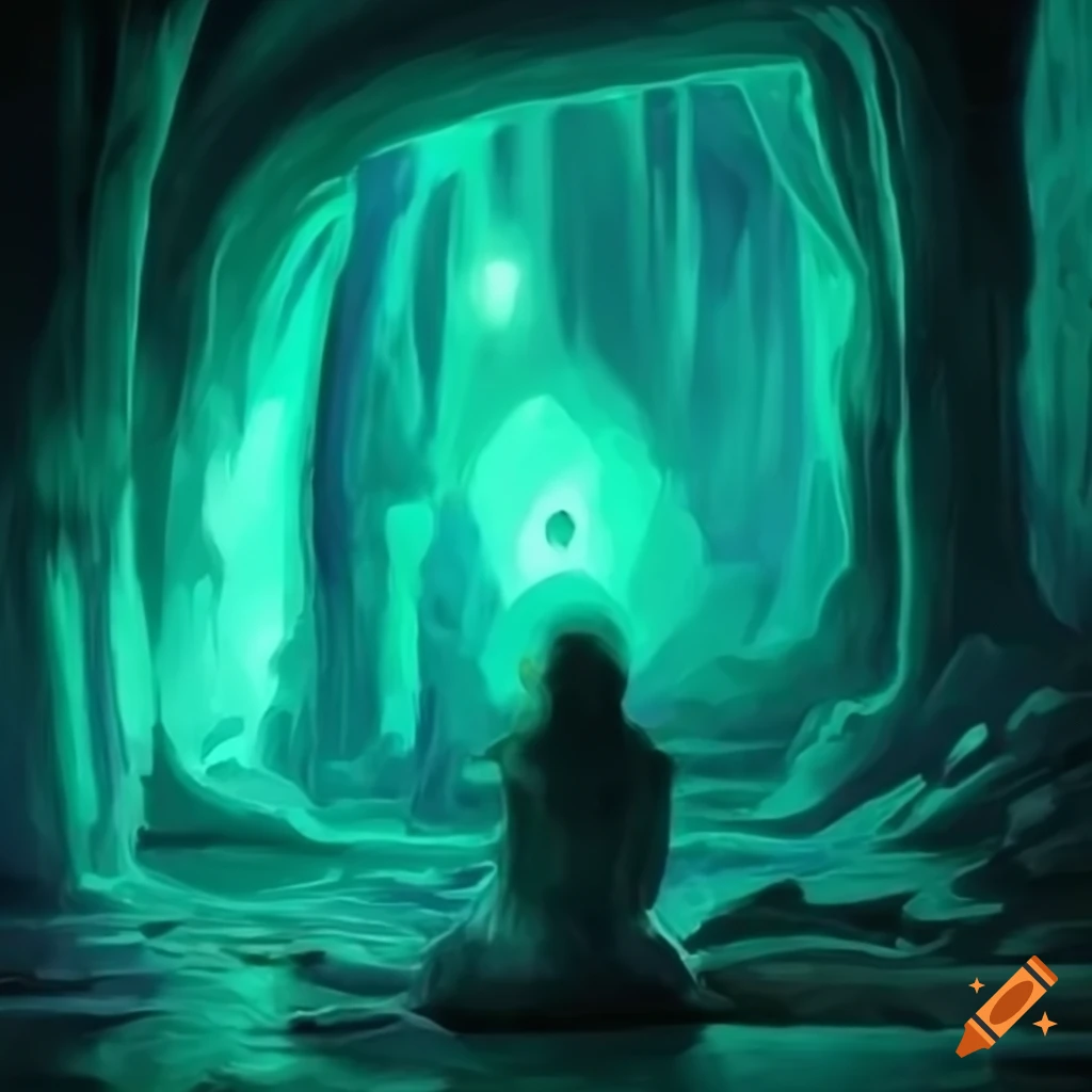 Glowing stone at the bottom of a dark cave, depicted in a painting ...