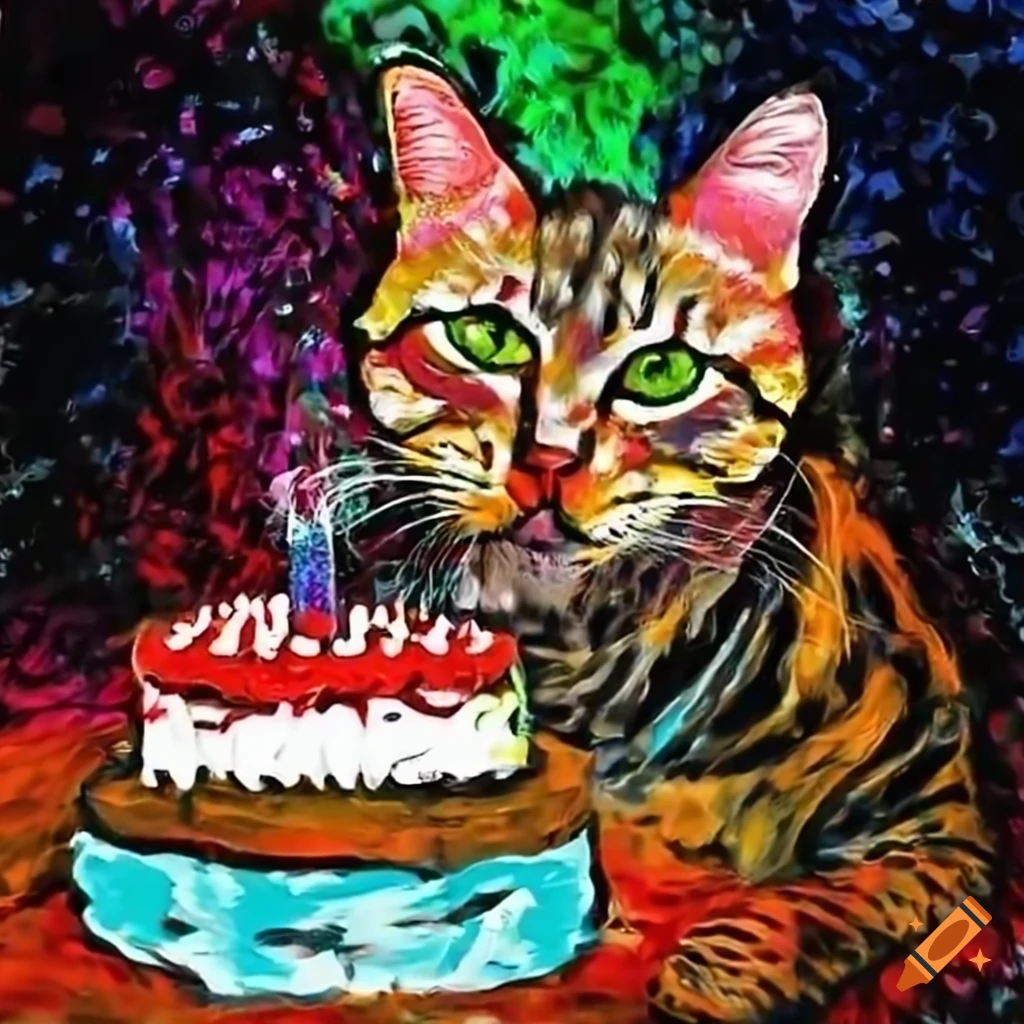 Emo punk rock cat eating a birthday cake on Craiyon