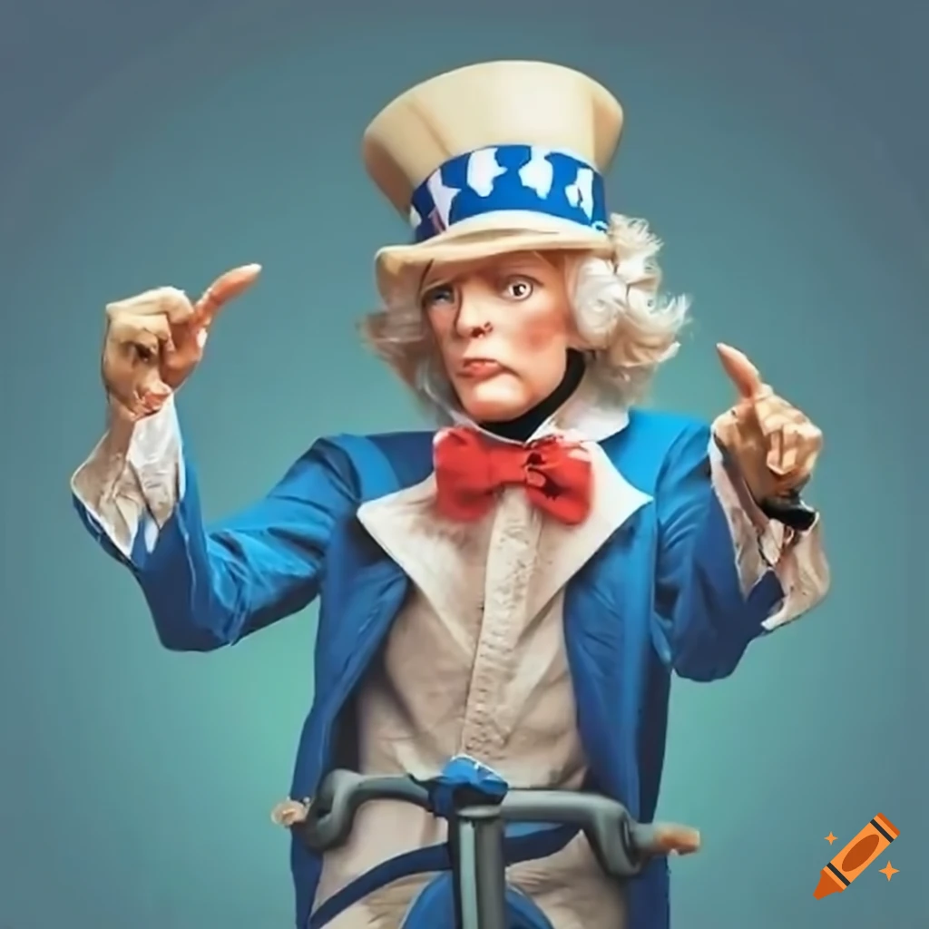 Uncle sam biking and pointing in a blue shirt on Craiyon
