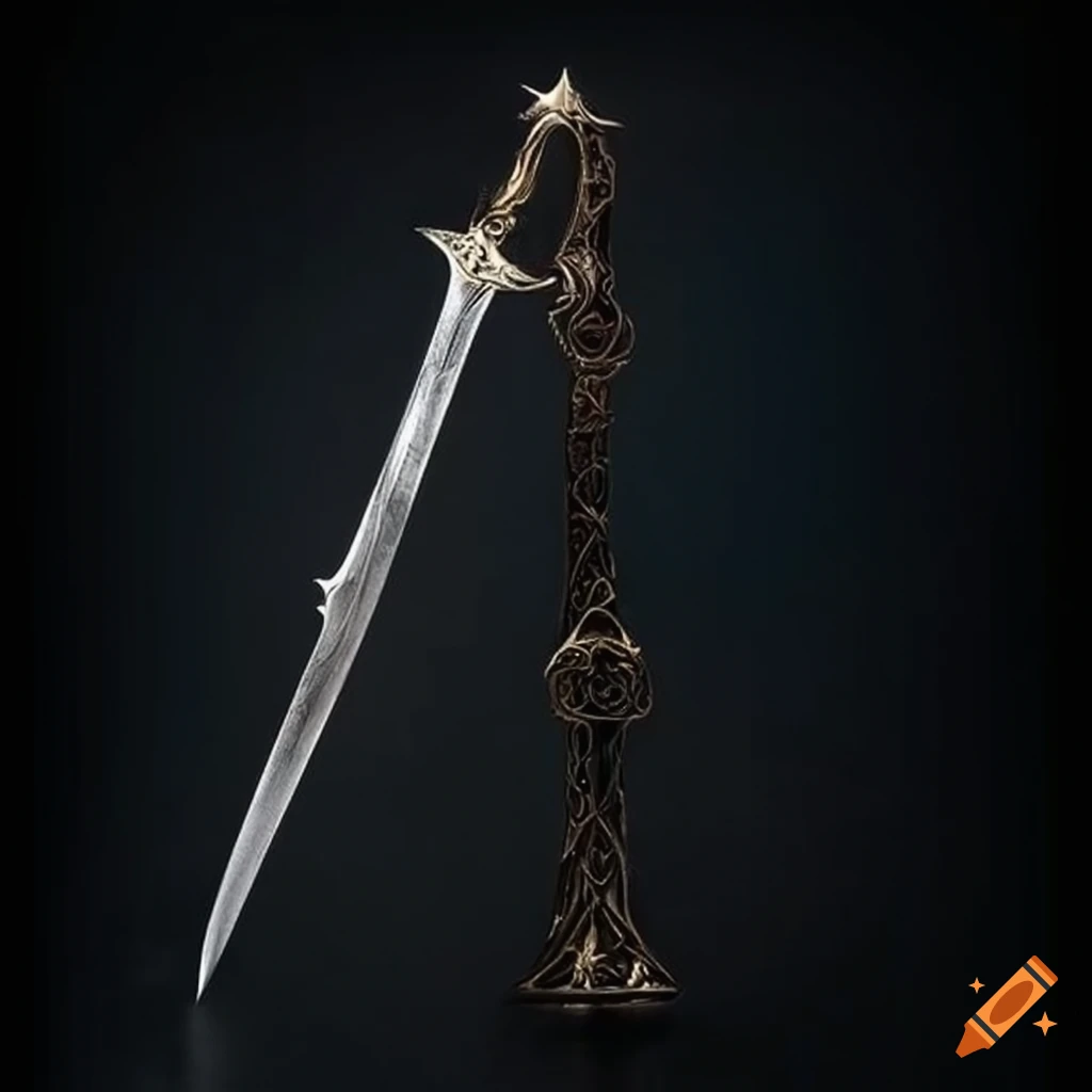 Elven magical sword with intricate engravings and glowing crystals on ...