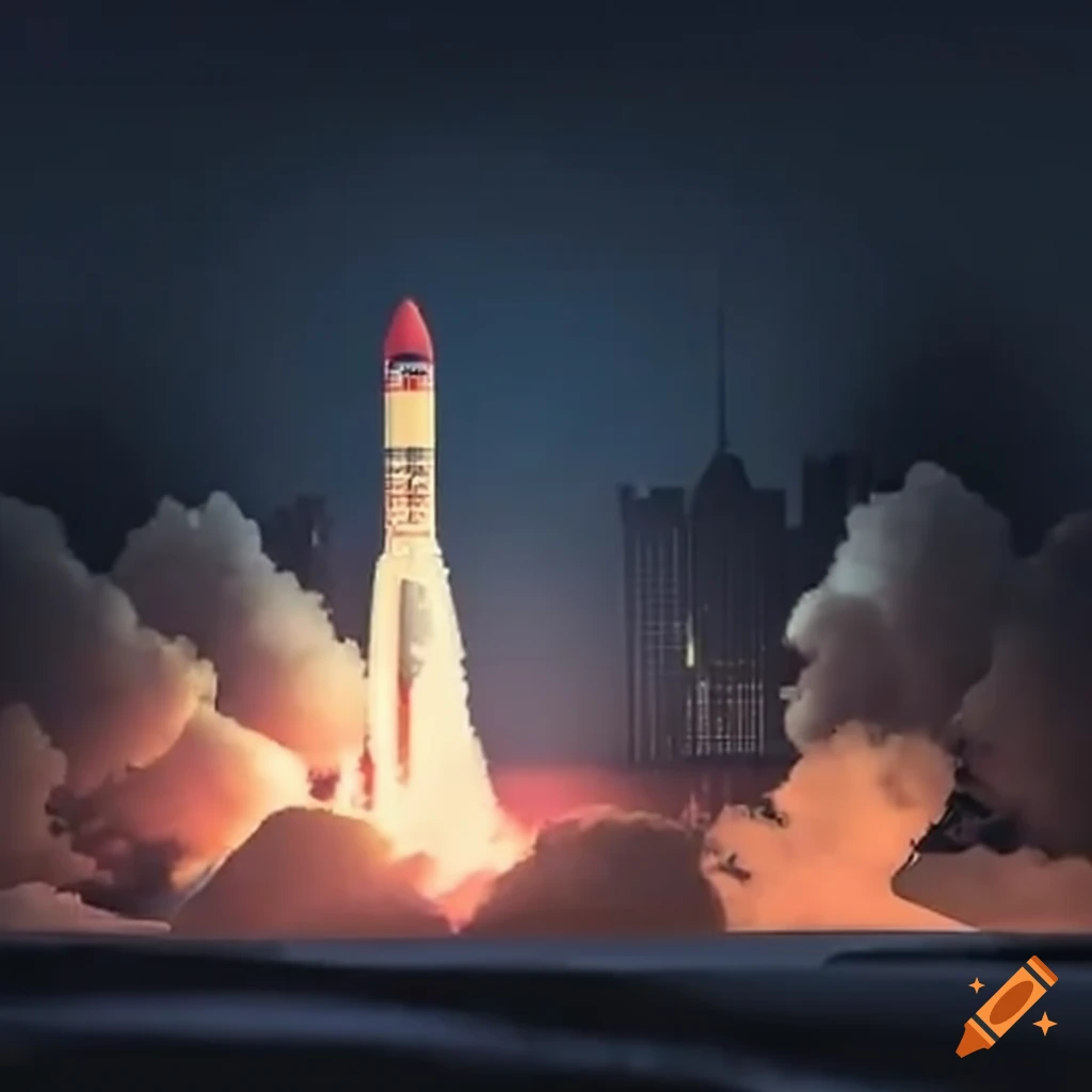 Tablet shaped rocket launching in front of a skyline on Craiyon