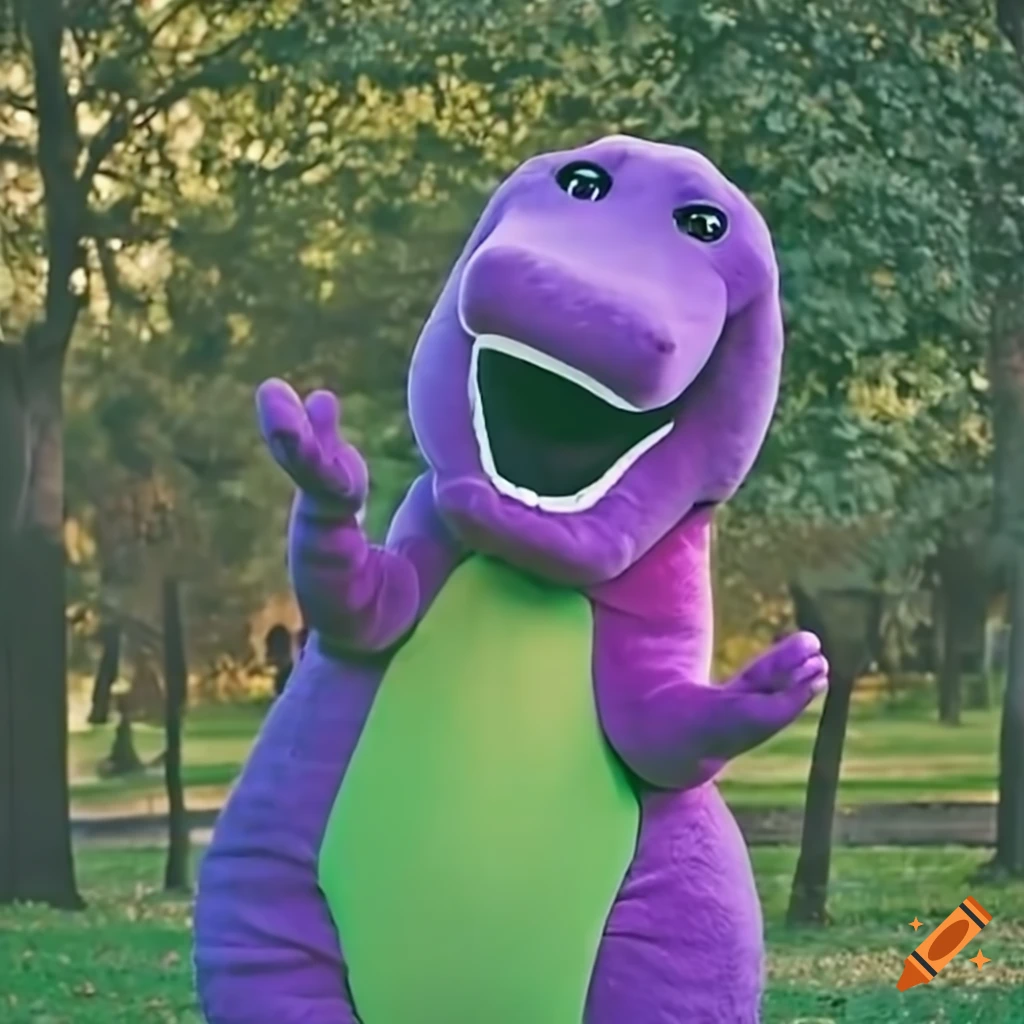 Mother wearing a full body barney mascot costume at park on Craiyon