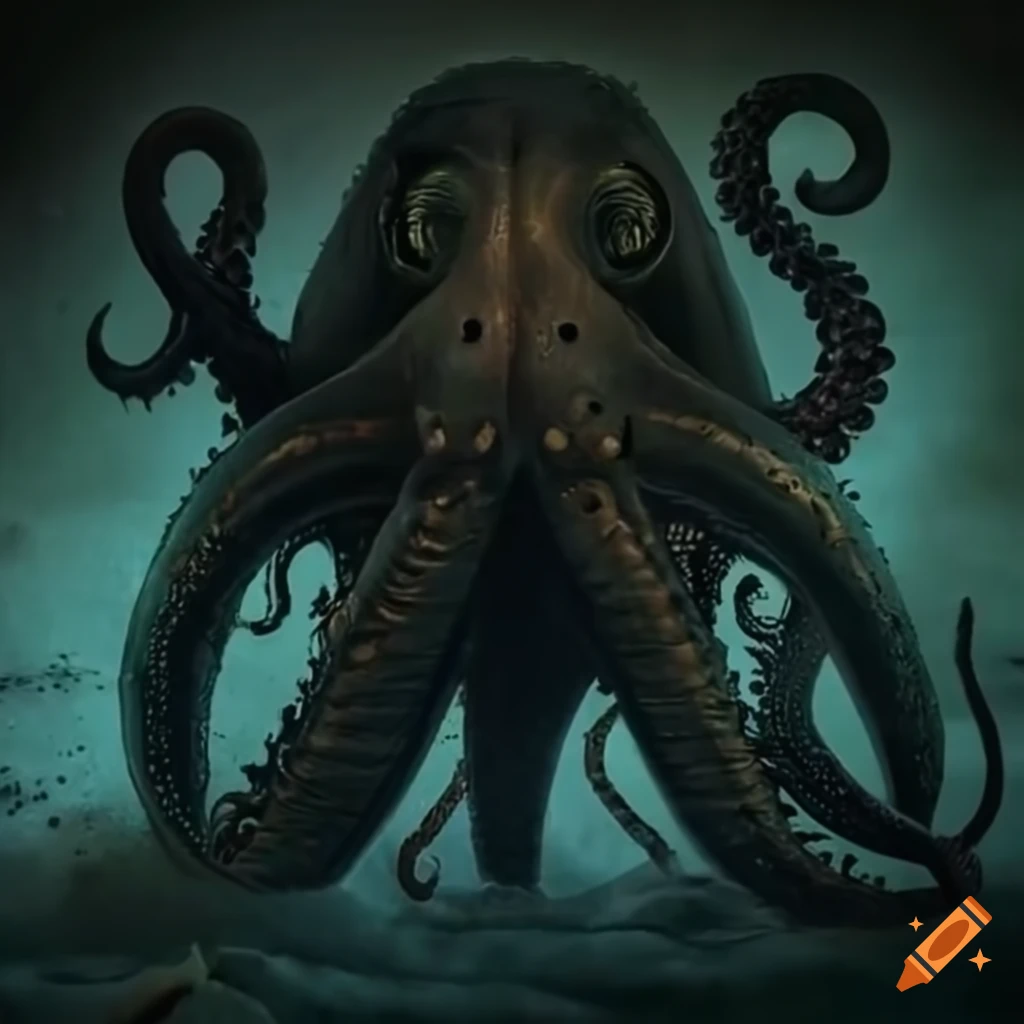 Kraken sea monster attacking ships in a horror movie poster on Craiyon