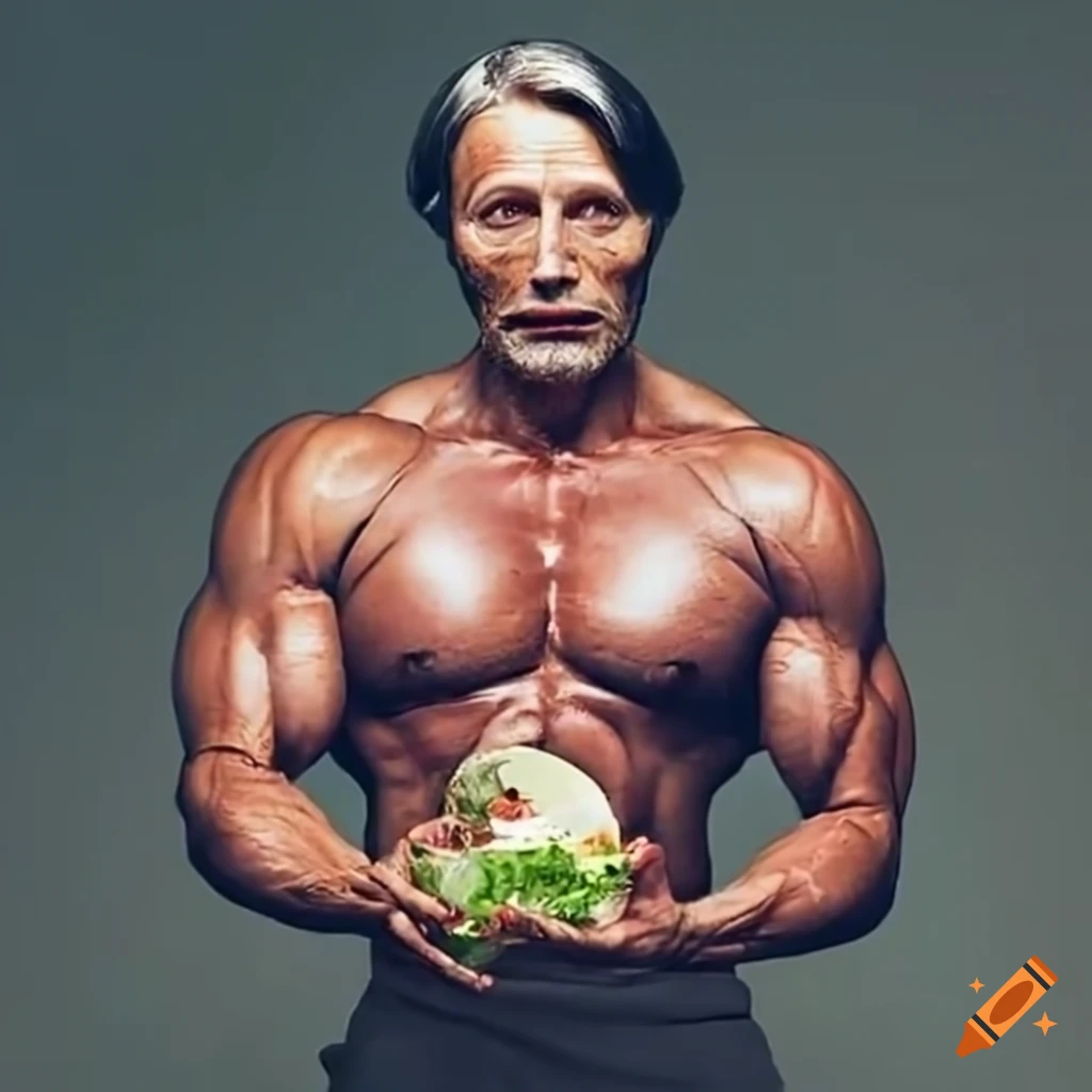 Mads Mikkelsen bodybuilder eating a salad on Craiyon