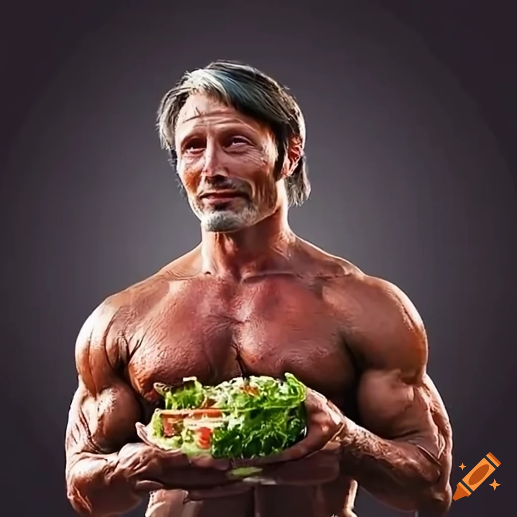 Mads Mikkelsen bodybuilder eating a salad on Craiyon