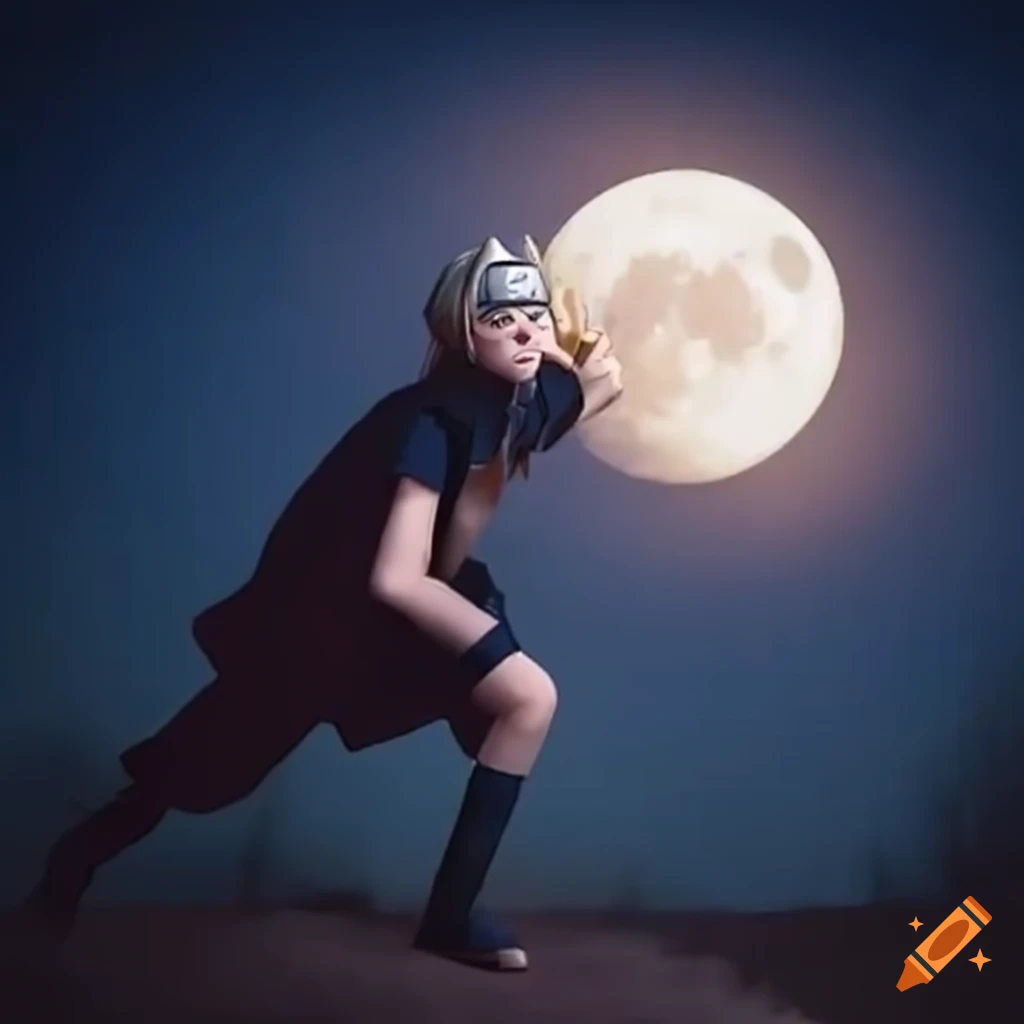 Character Naruto running under the bright moon with friends on Craiyon