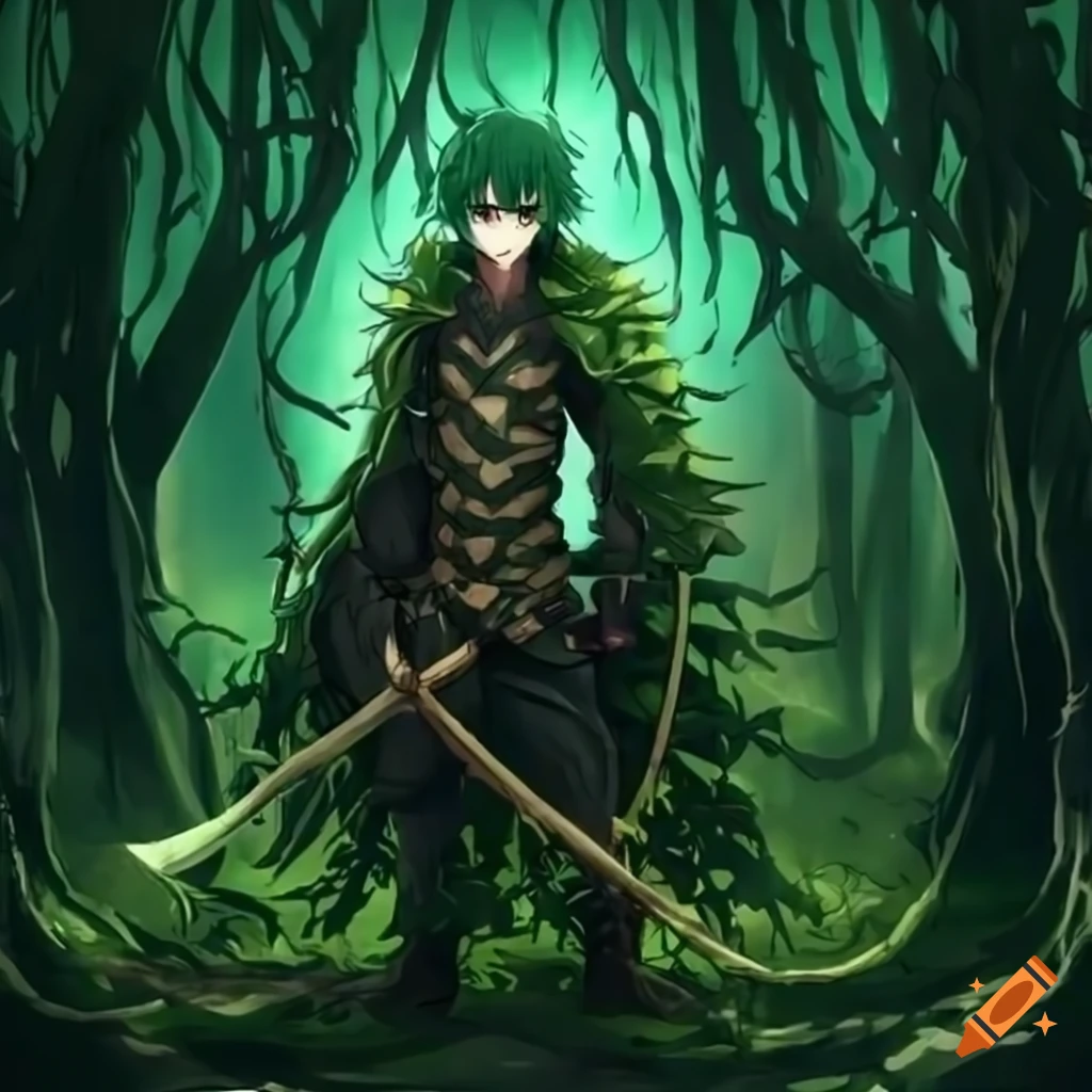 Full body anime character made of vines with wooden armor in a forest ...