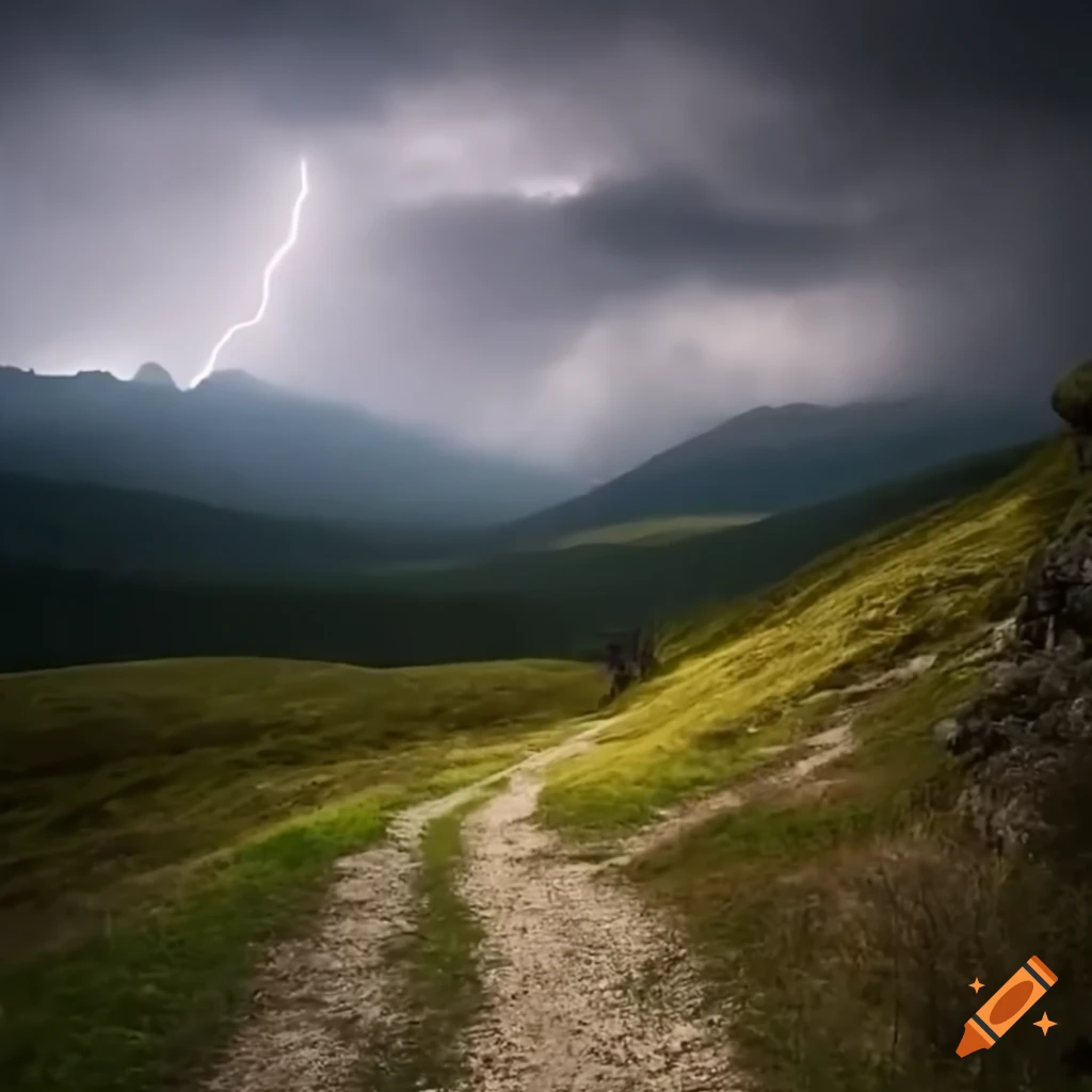 Rugged path through the countryside with distant grey mountains and ...