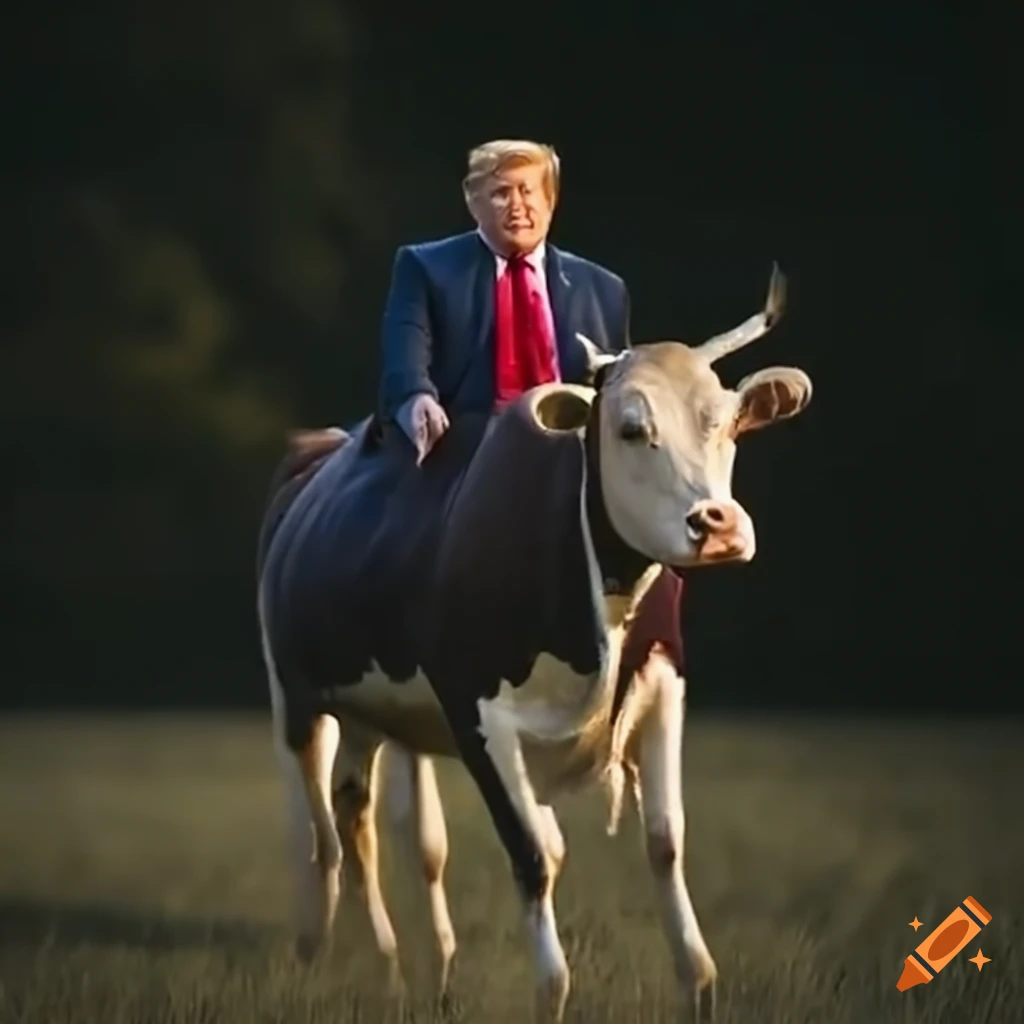Satirical depiction of trump riding a cow on Craiyon