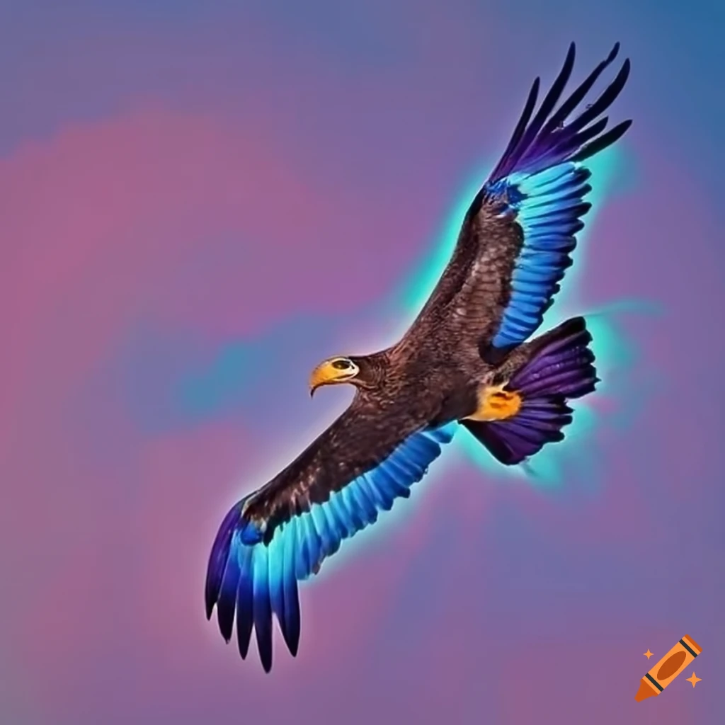 Blue and purple flying eagle on Craiyon