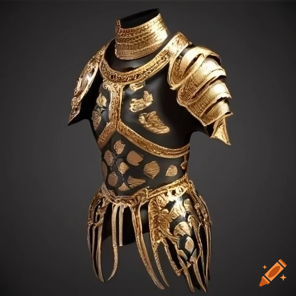 Intricate black, gold, and red arm armor design on Craiyon