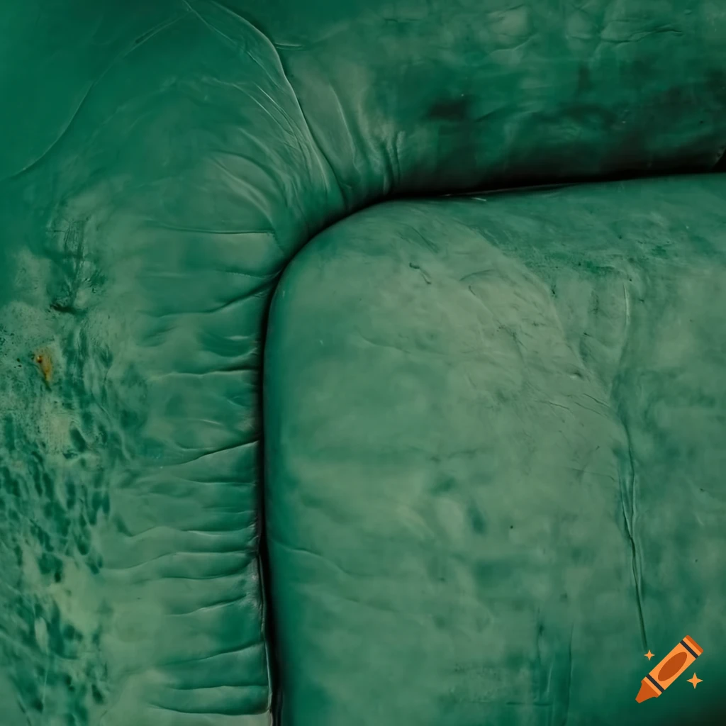 Close-up of worn green leather chair with exposed stuffing on Craiyon