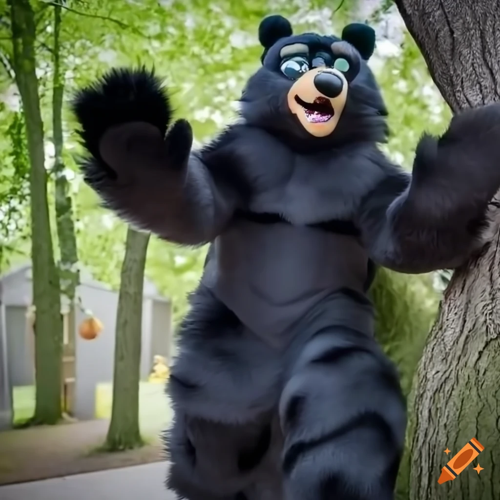 Close-up of a person in a cartoon bear fursuit hugging a tree in the ...