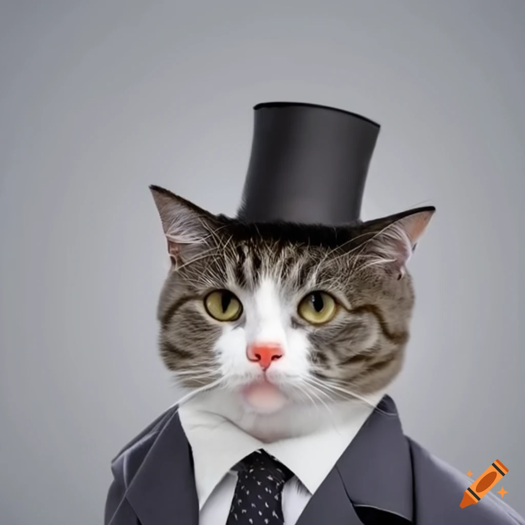 Cute cat wearing a suit and top hat on Craiyon