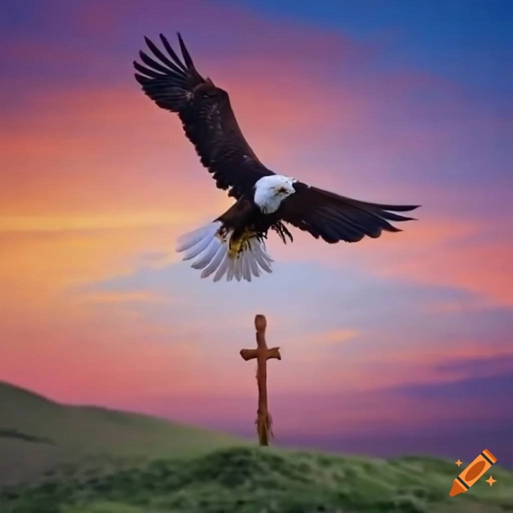Cross on a hill with a bald eagle flying in front on Craiyon