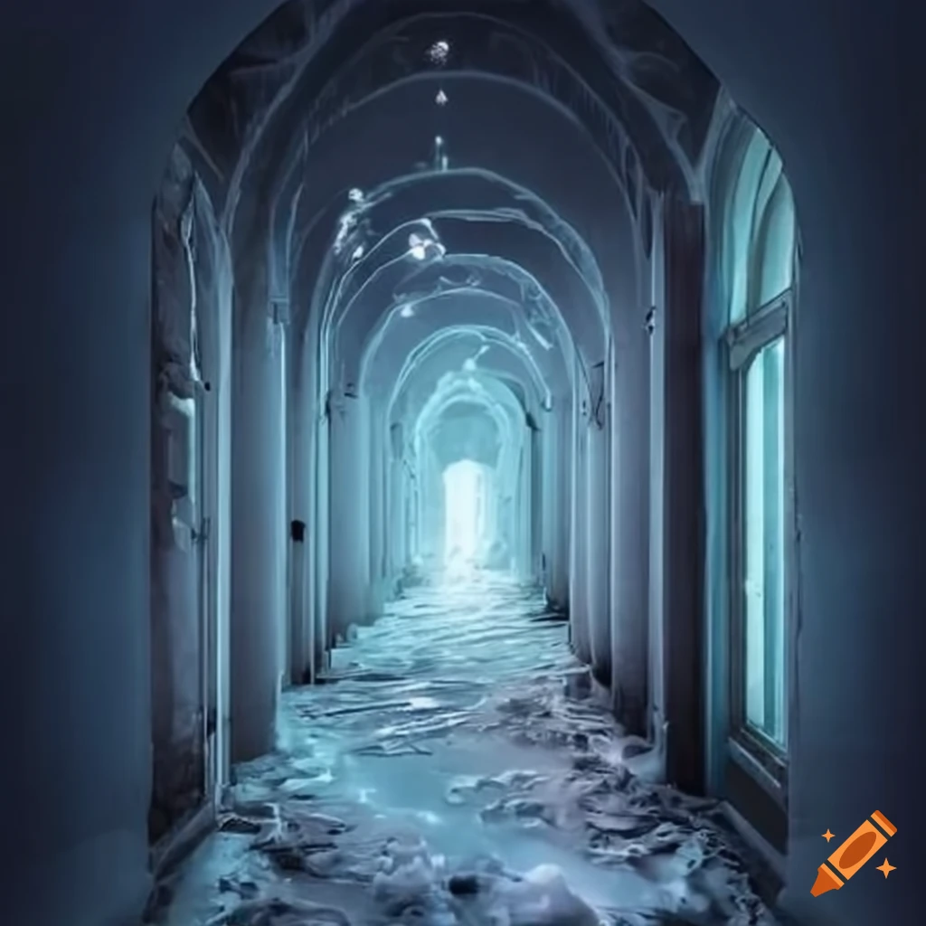Long icy hallway with moonlight shining through windows on Craiyon