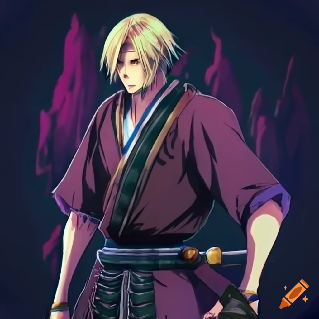 Fierce blue-eyed male Ronin with ninja mask and samurai armor on Craiyon