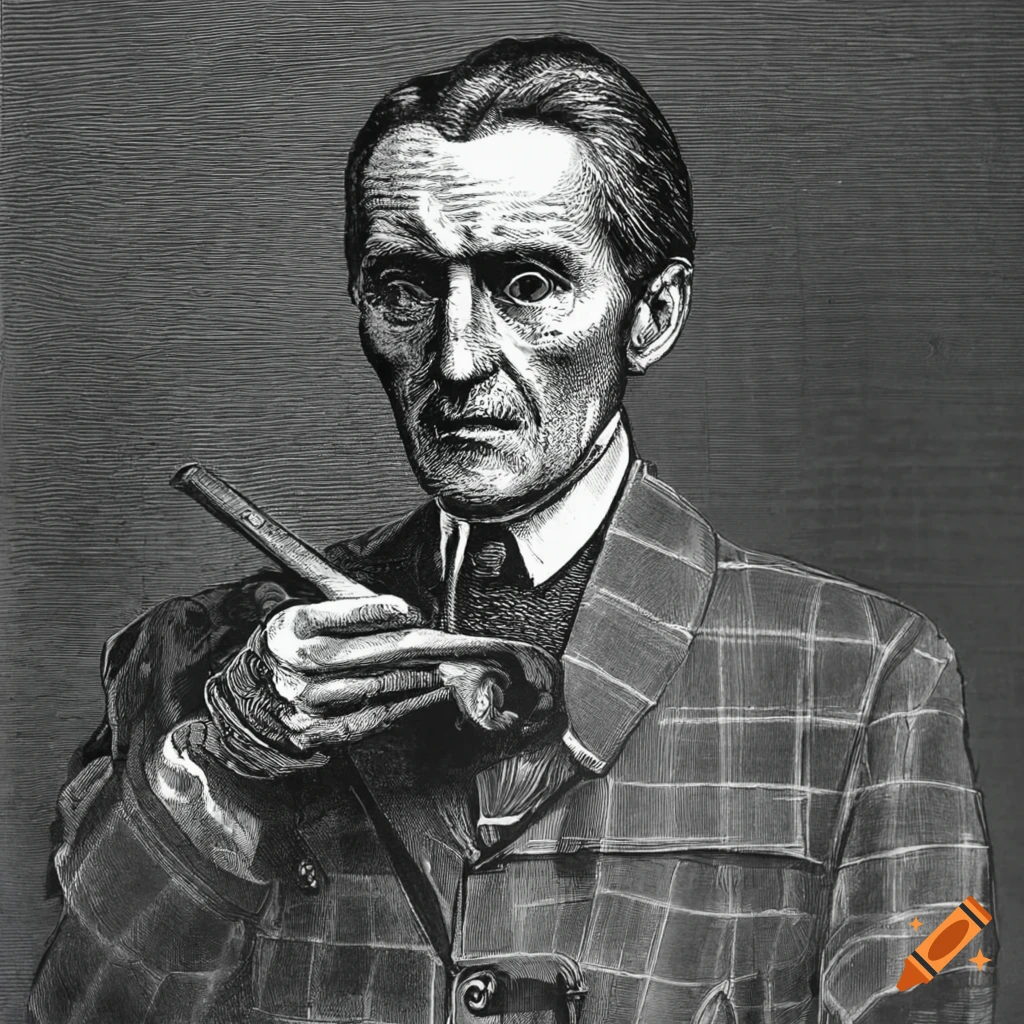 Vintage wood engraving of Peter Cushing in a plaid suit holding a Sega ...