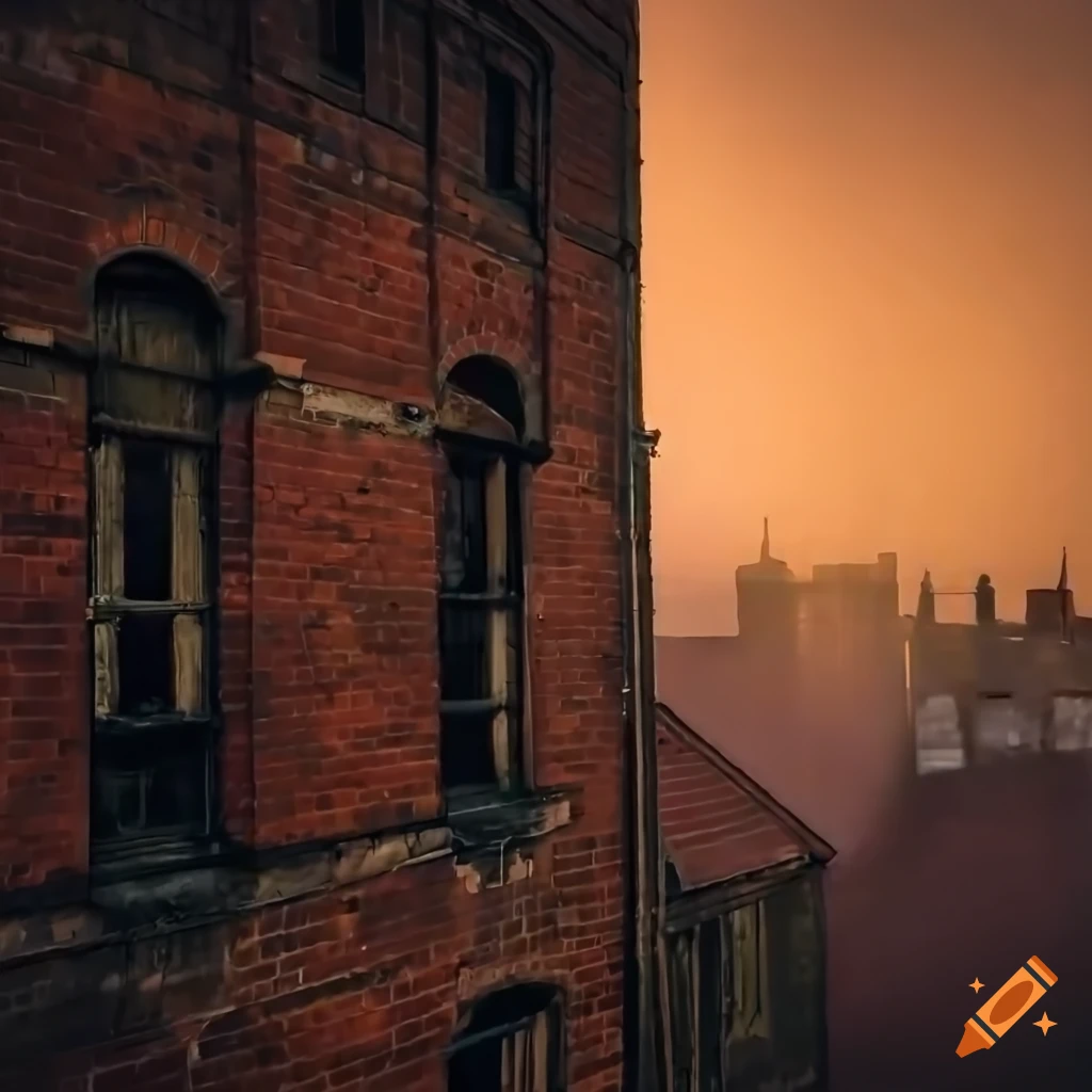 Close up of abandoned brick Victorian rooftops sinking into golden ...