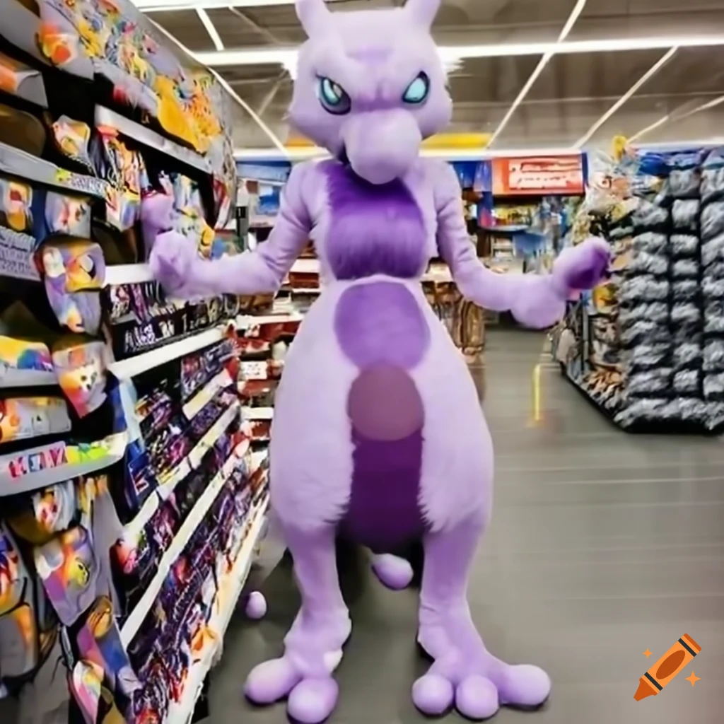 Female employee in a mewtwo mascot costume at walmart on Craiyon