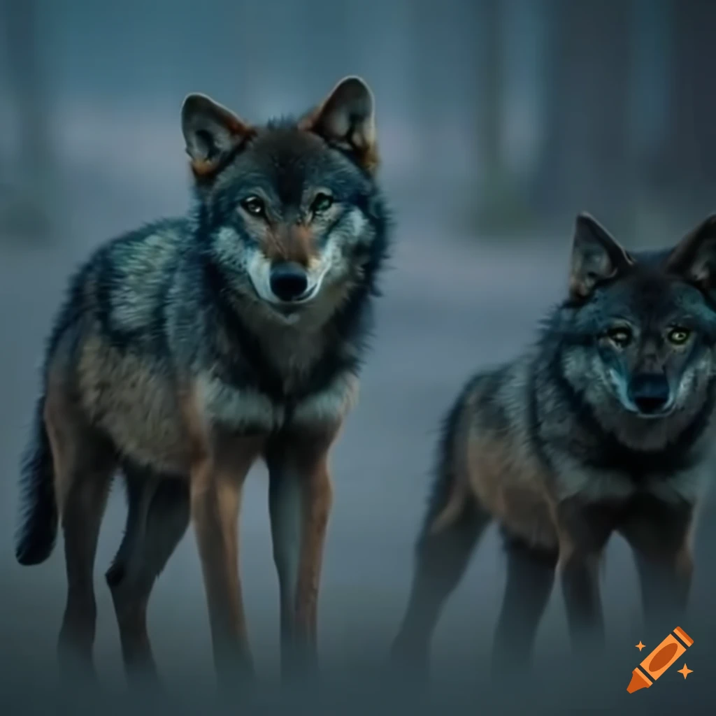 Fierce gray and black wolves exhibiting alpha body language in the ...