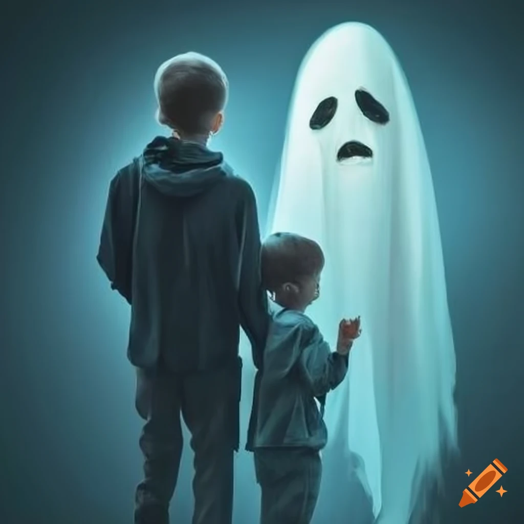 Man and son standing with a ghost on Craiyon