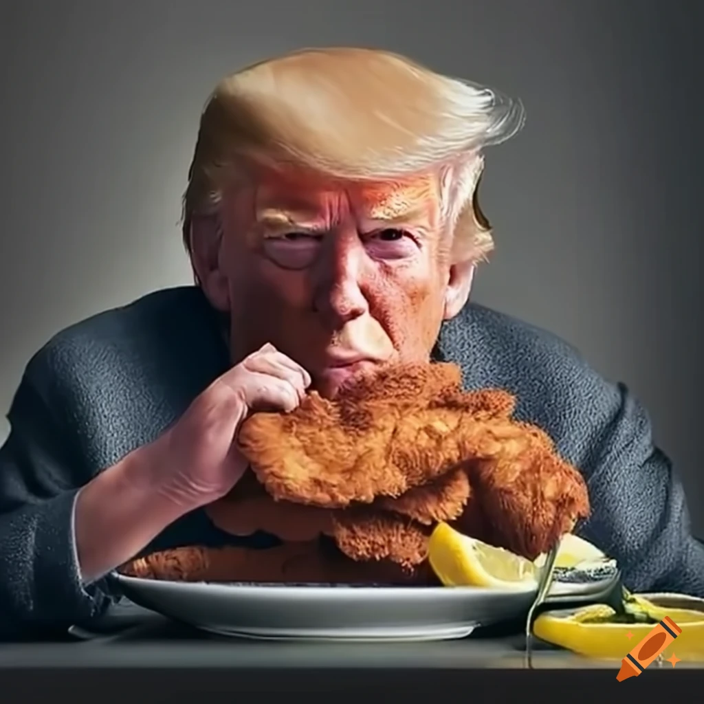 Satirical illustration of a public figure eating a schnitzel on Craiyon