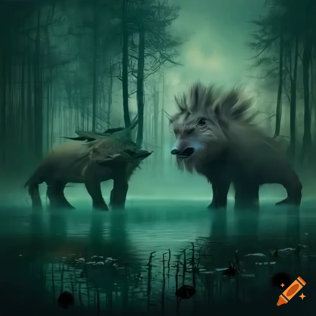 Surrealistic mutant animals in a strange forest with exotic flowers ...