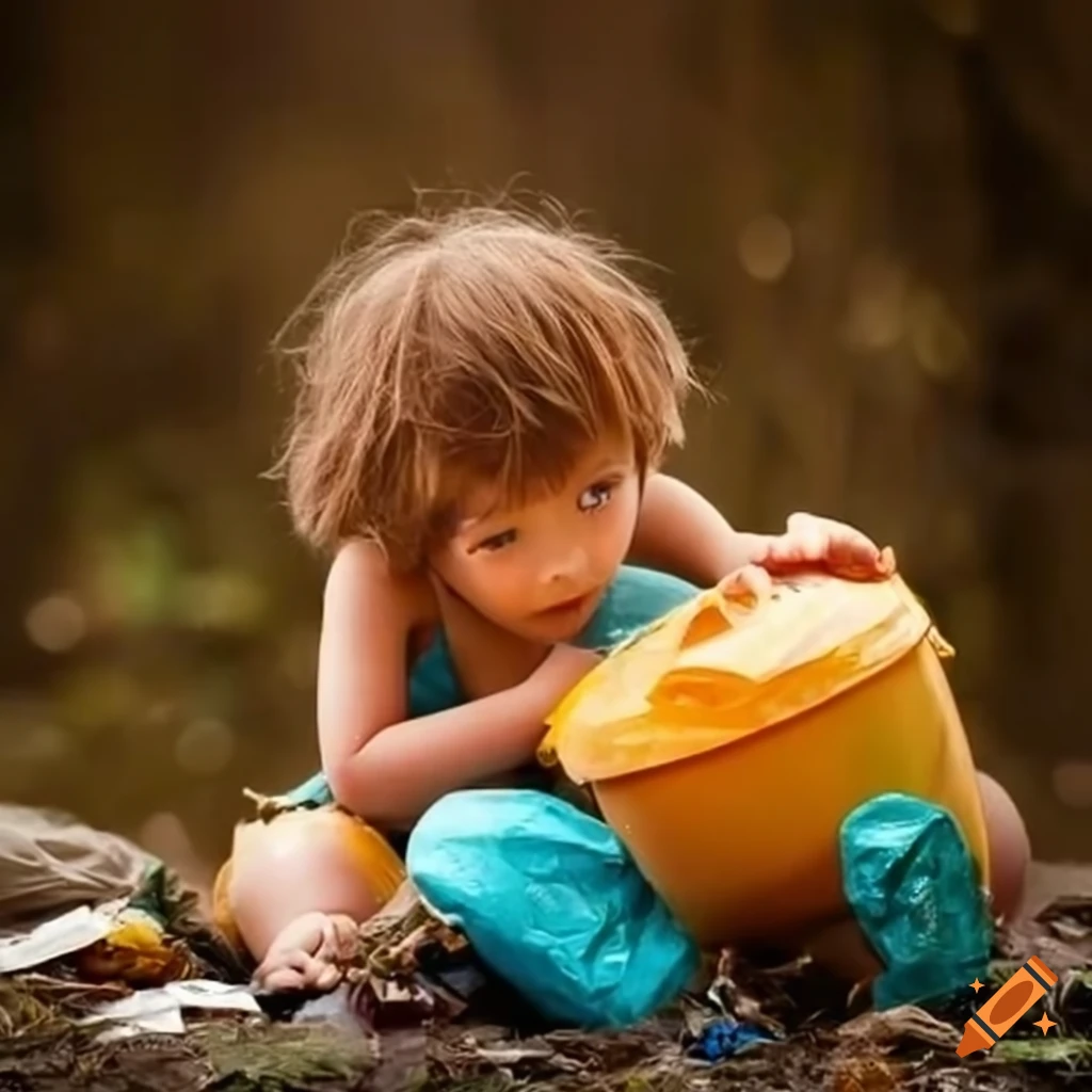 Children collecting food from the garbage on Craiyon