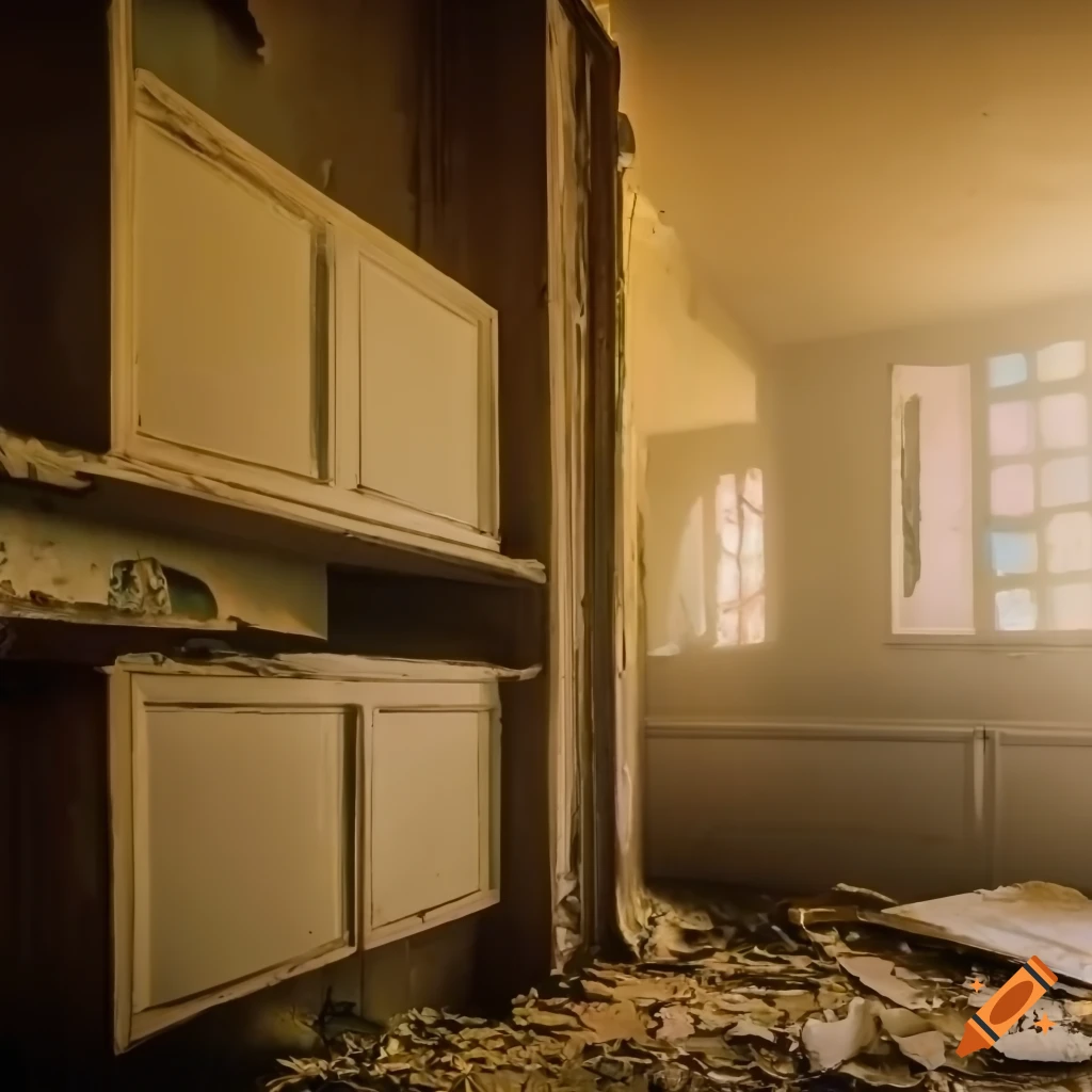 Abandoned flooded storage room with built-in cabinets and shelves on ...