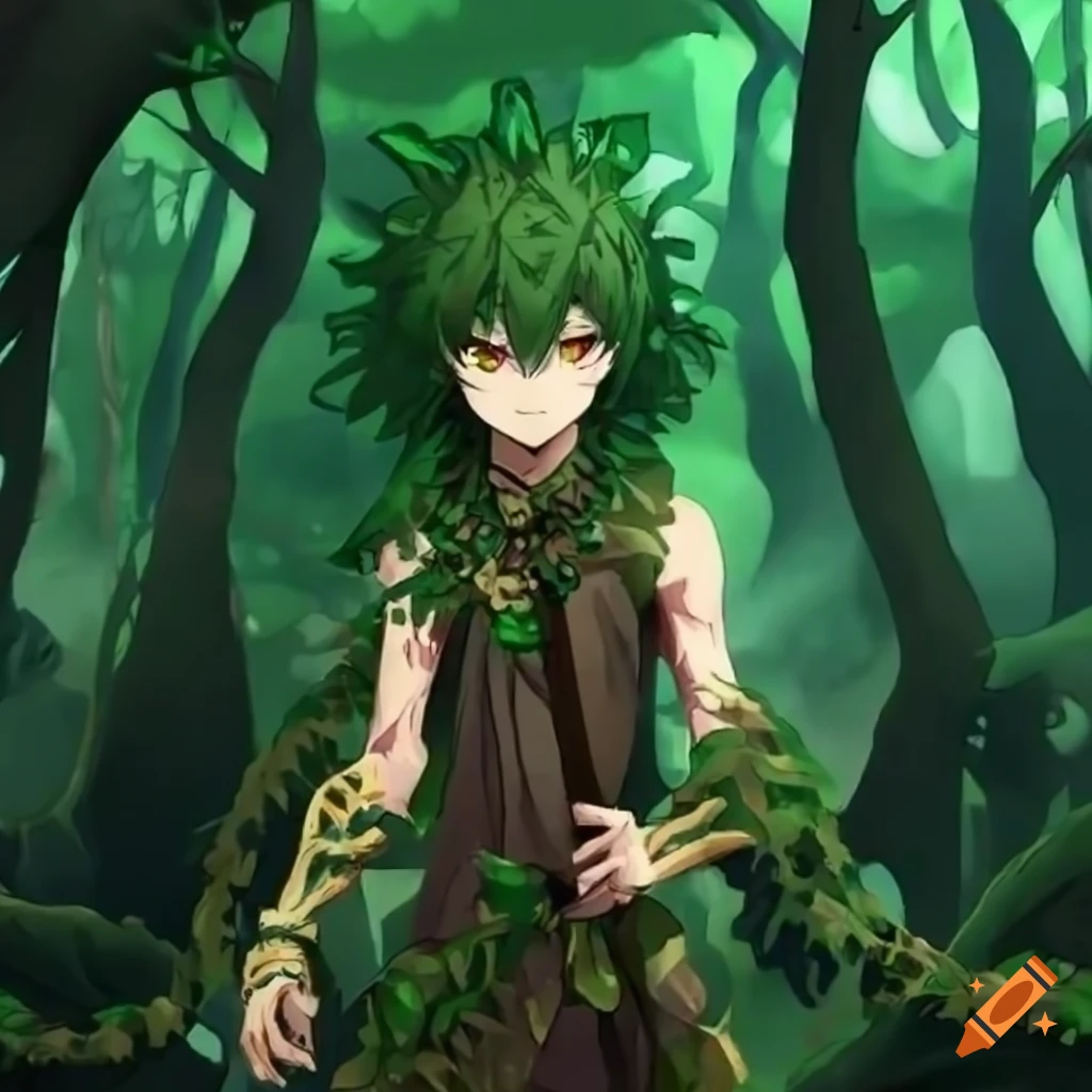 Anime character with vine body, dark green hair, and leaf armor in a ...
