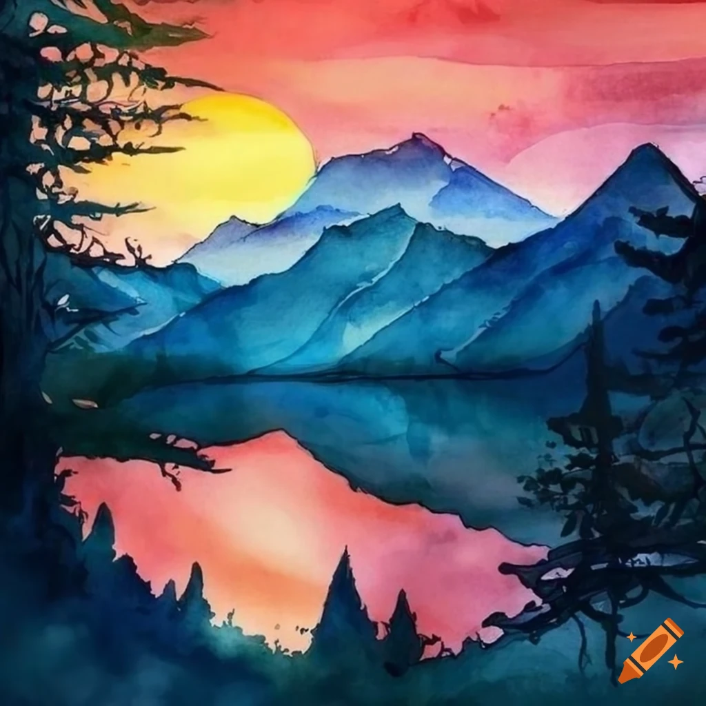 Watercolor sunset behind mountain landscapes on Craiyon