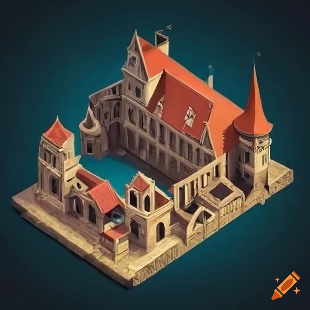 Isometric view of a medieval city with a town hall and river on Craiyon