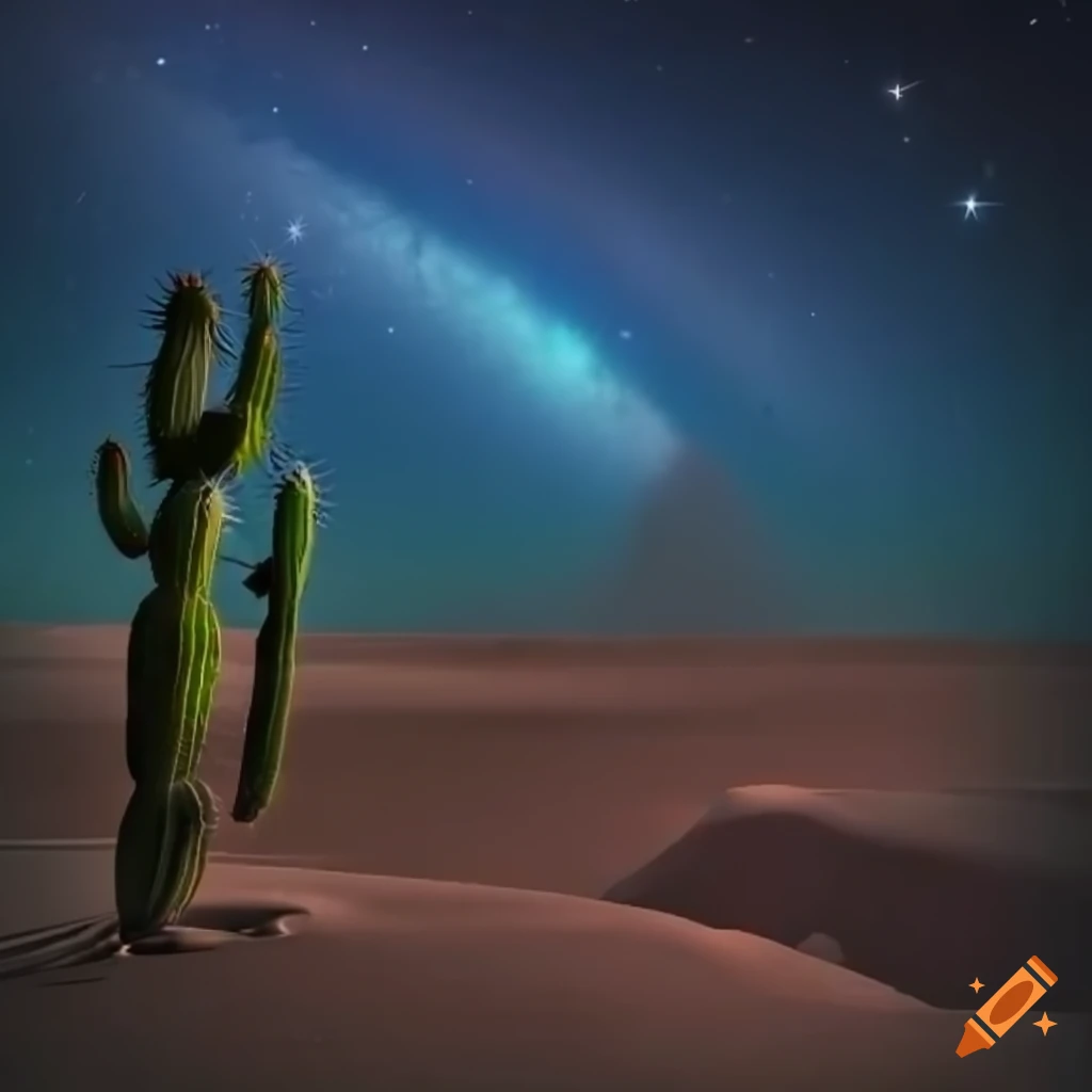 Nighttime desert landscape with cacti, watering hole, sand, and a ...