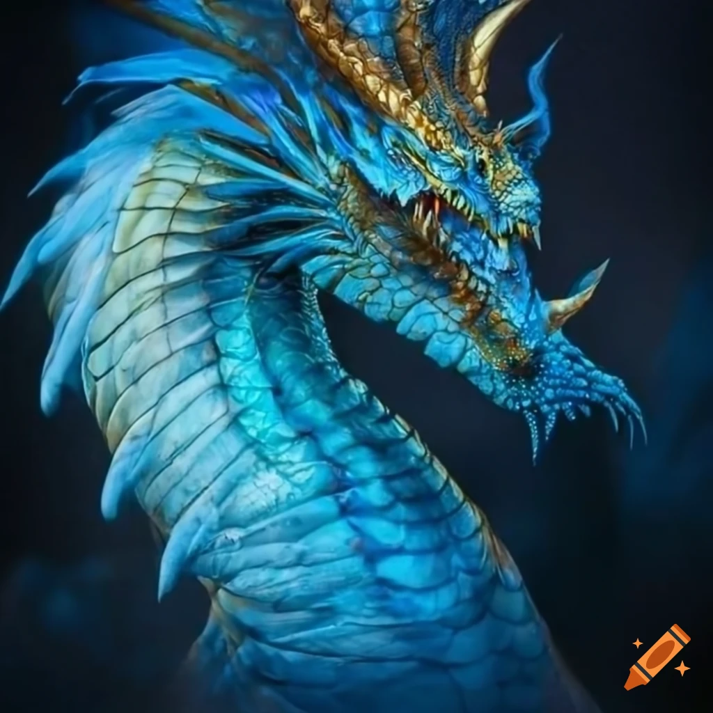 Kind looking white, cyan and golden huge dragon on Craiyon