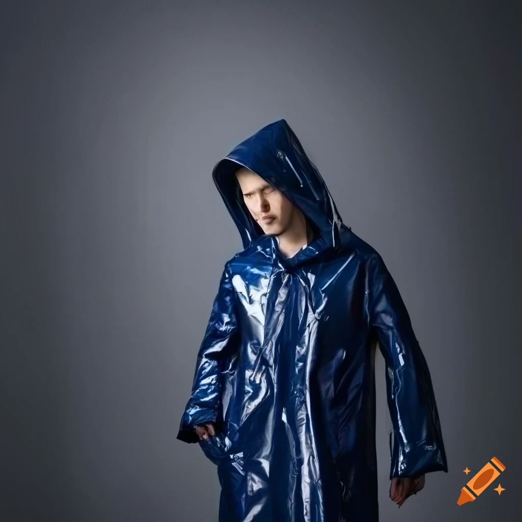 Young man in navy blue raincoat with hood up in windstorm and pouring ...