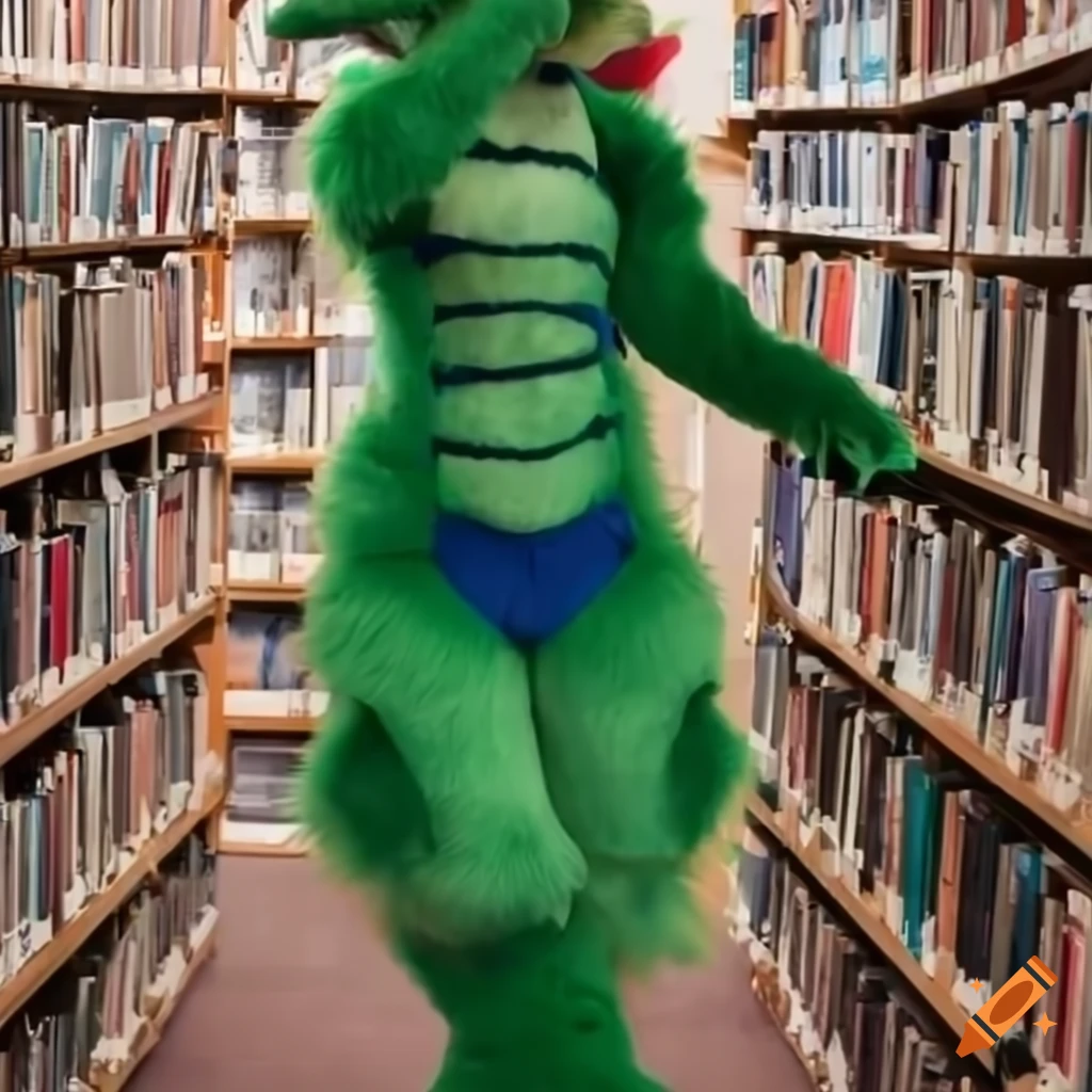 Female librarian and cartoon green dragon with wings at library on Craiyon