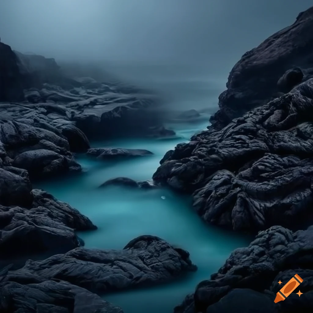 Molten lava river flowing through a rocky underworld landscape on Craiyon
