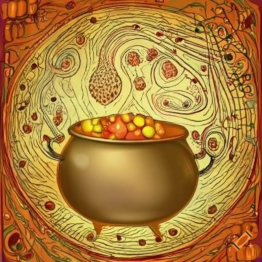 Whimsical top view of a golden pot emerging from an old magical ...