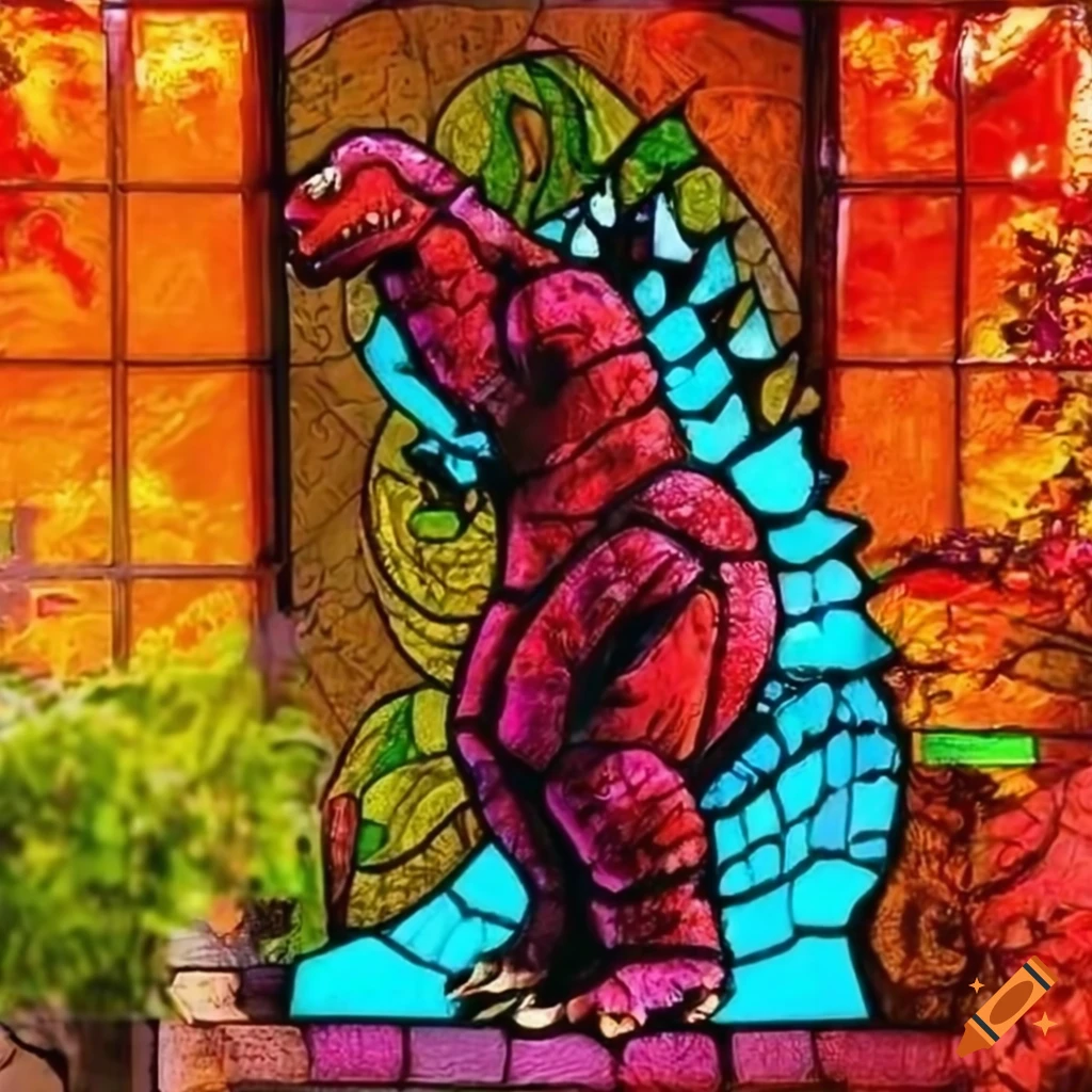Stained glass artwork of saint godzilla on Craiyon