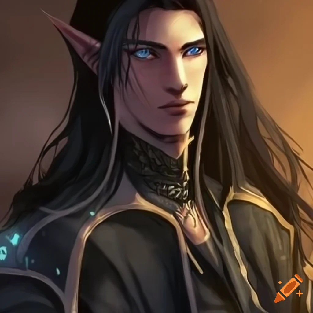 Shadar kai elf wizard with long black hair and blue eyes on Craiyon