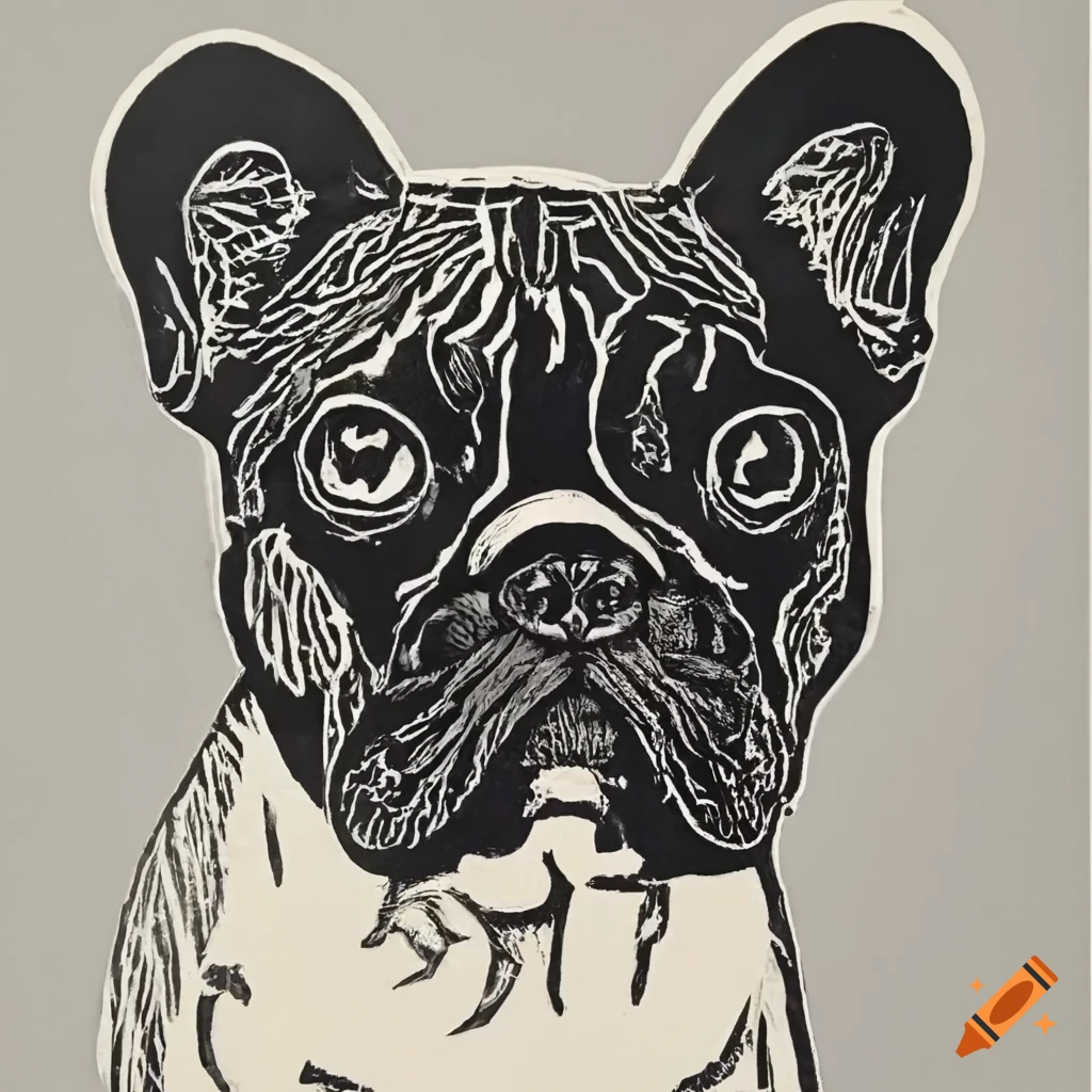 French bulldog in lino print collage style on Craiyon