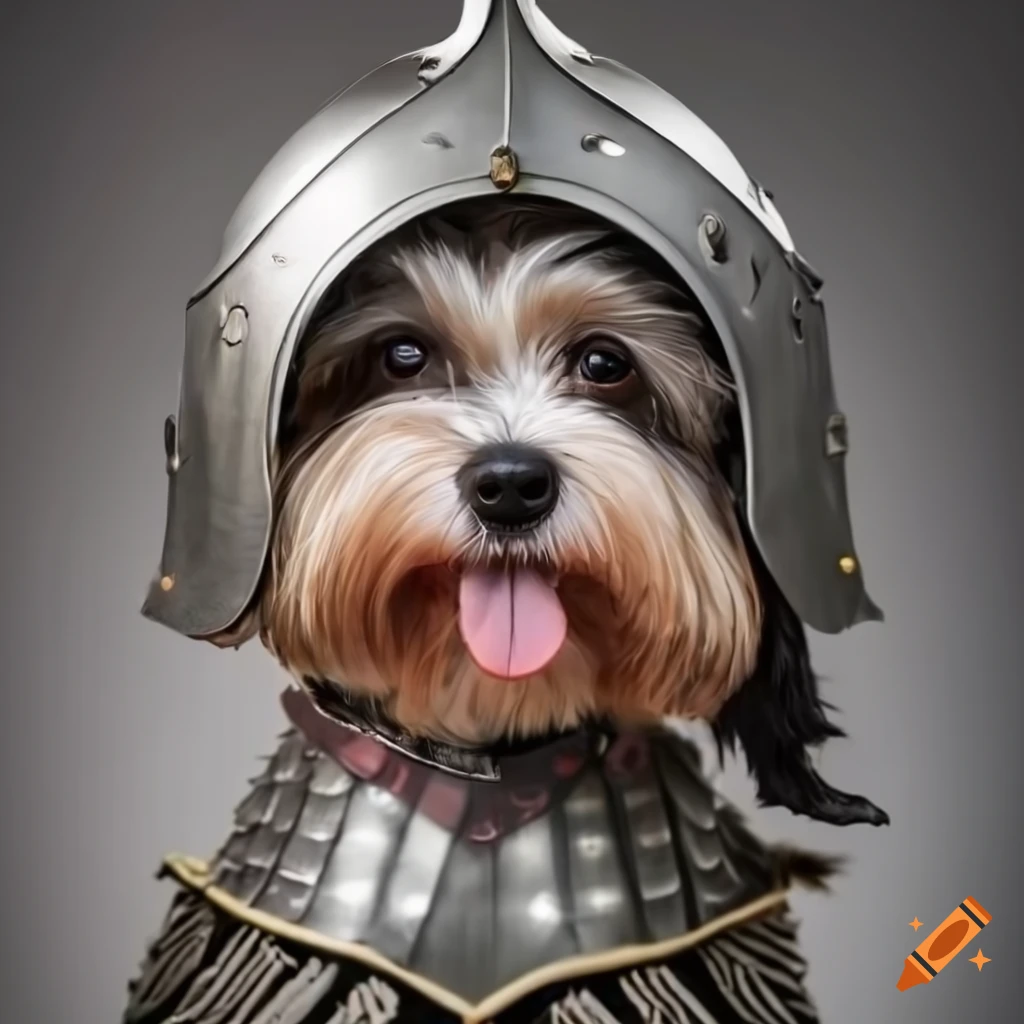 Havanese dog wearing knight armor and helmet on Craiyon