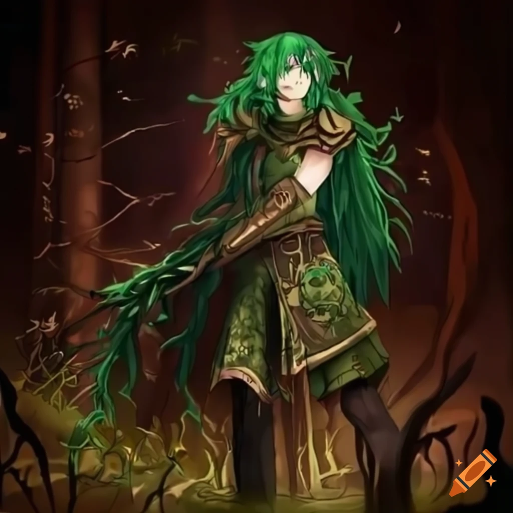 Full body anime character made of vines with wooden armor in a forest ...