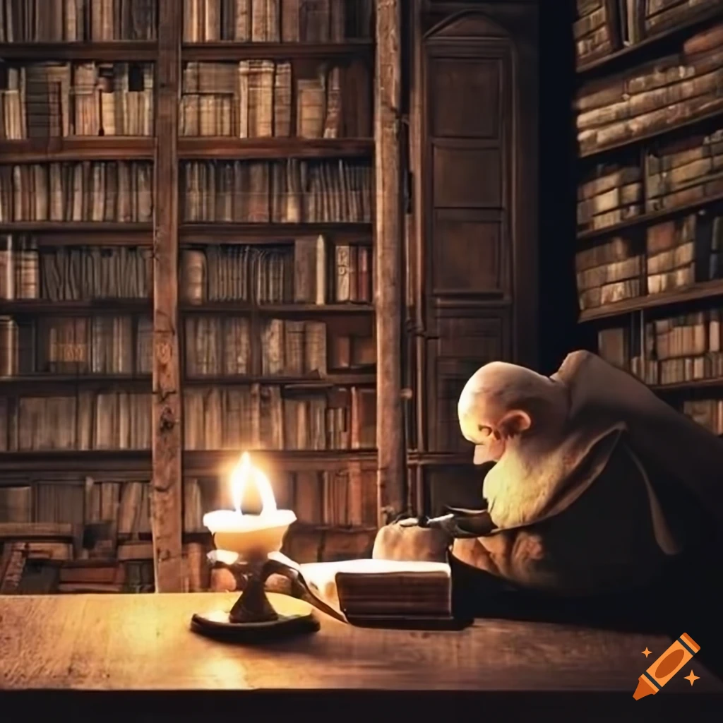 Dimly lit reading room in a medieval monastery library with an old wise ...