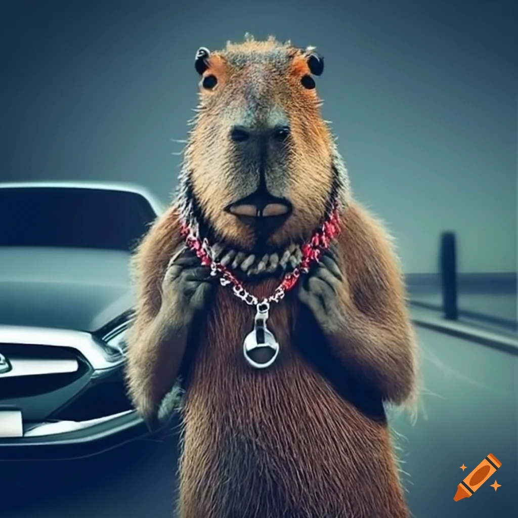 Capybara with a necklace in front of a mercedes car on Craiyon