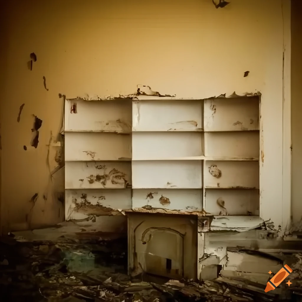 Abandoned flooded storage room with built-in cabinets and peeling ...
