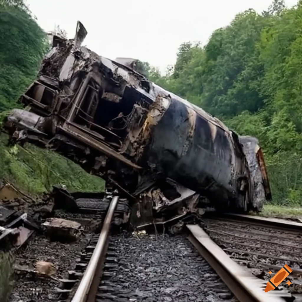 Destroyed locomotive running on rail out of tunnel on Craiyon