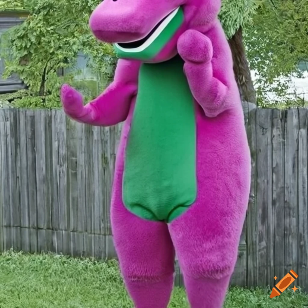 Mother wearing a full body Barney mascot costume on Craiyon